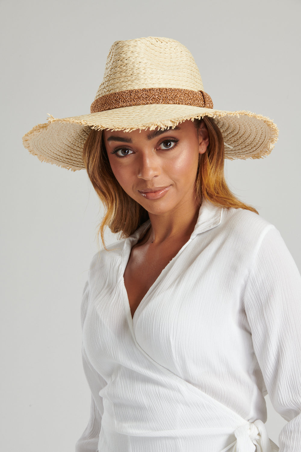Cream Fedora Hat With Frayed Edges & Metallic Band – Continental Textiles