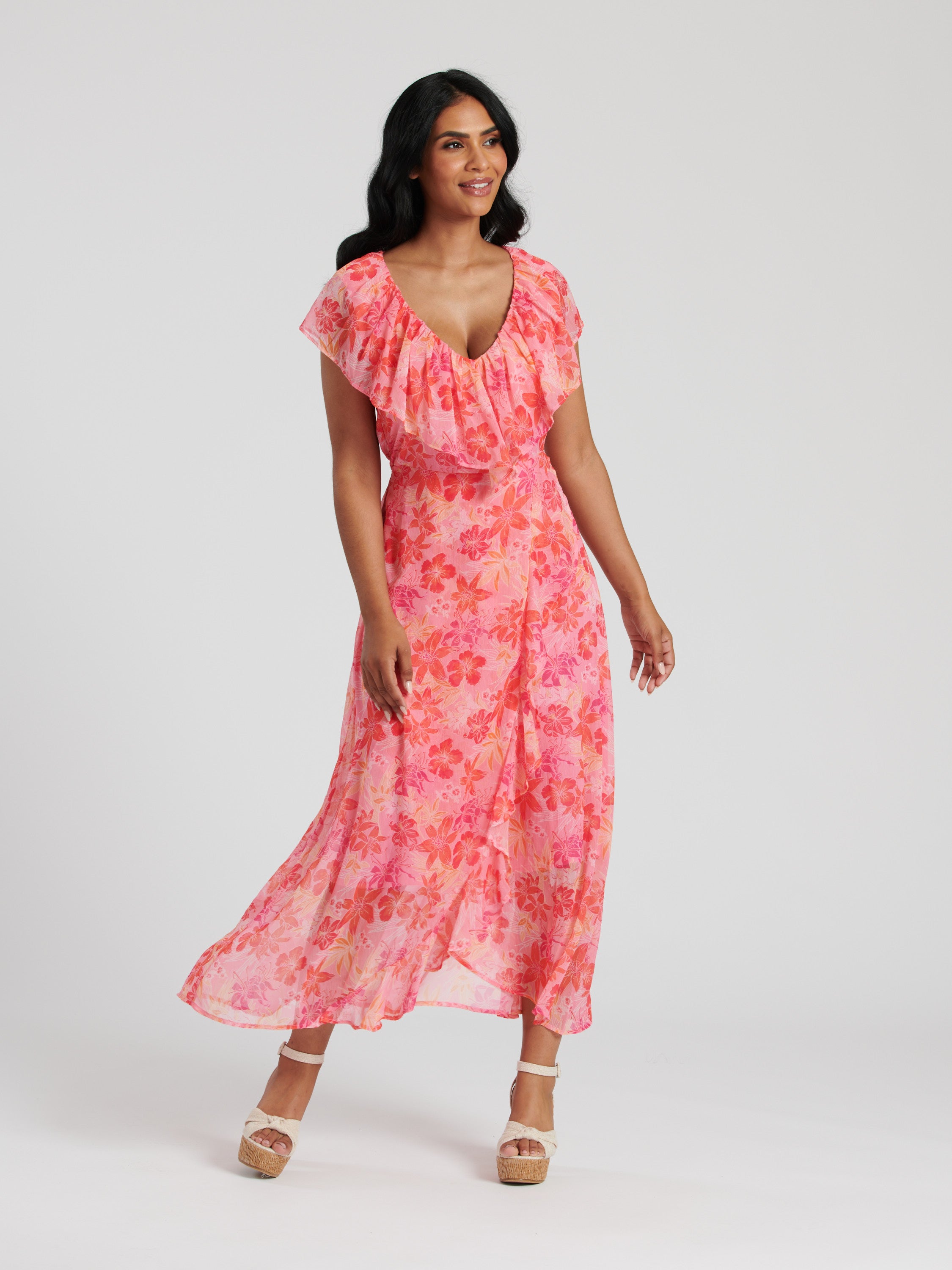 Blue Chiffon Print Frill Neck Wrap Midi Dress – Continental Textiles