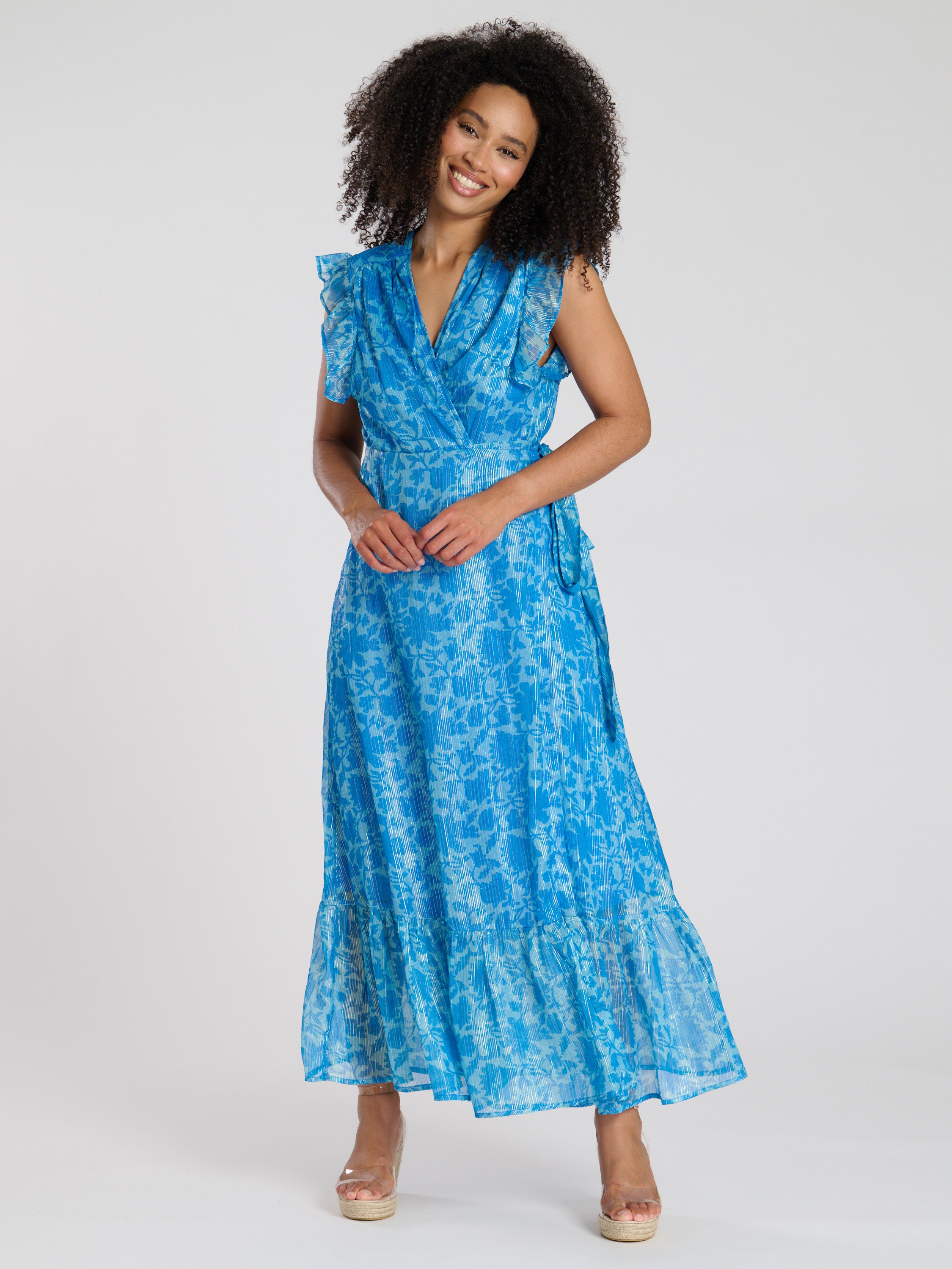 Multi Printed Frill Shoulder Wrap Midi Dress – Continental Textiles