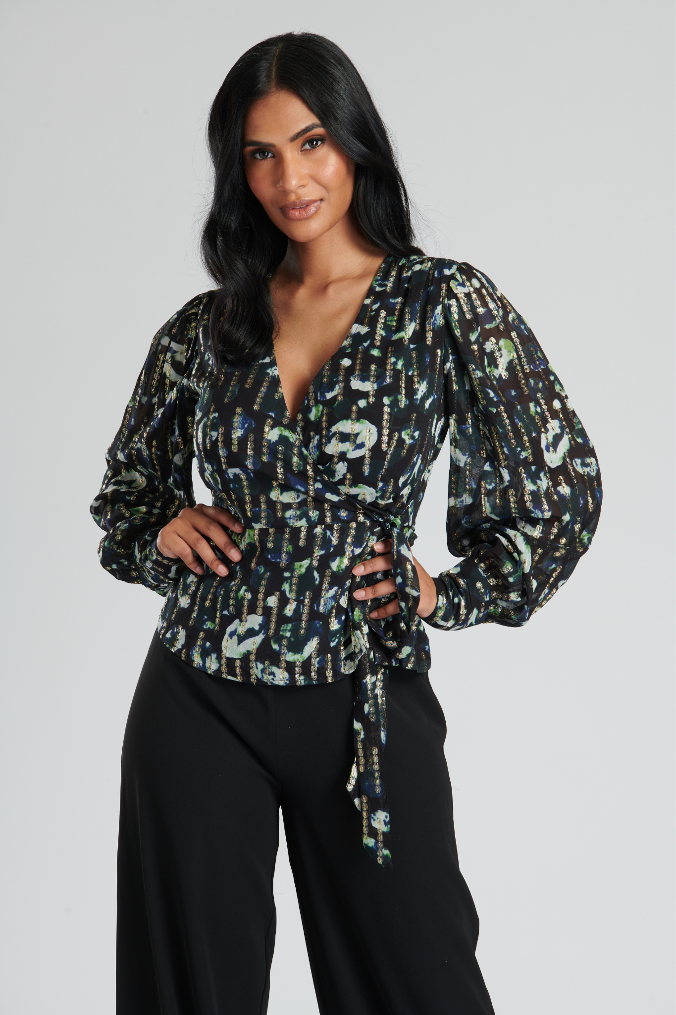 Leopard Print Metallic Wrap Tie Blouse – Continental Textiles